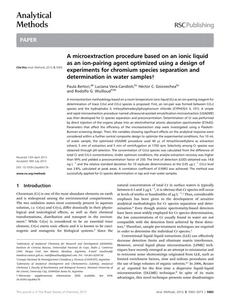 Pdf A Microextraction Procedure Based On An Ionic Liquid As An Ion Pairing Agent Optimized