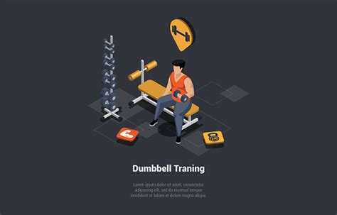 스포츠 활동 보디 빌딩 및 신체 운동의 개념 아령 만들기 운동이 있는 장치에 남성 캐릭터 체육관에서 덤벨과 함께 피트니스 운동 아이소메트릭 3d 벡터 일러스트 레이 션 등측