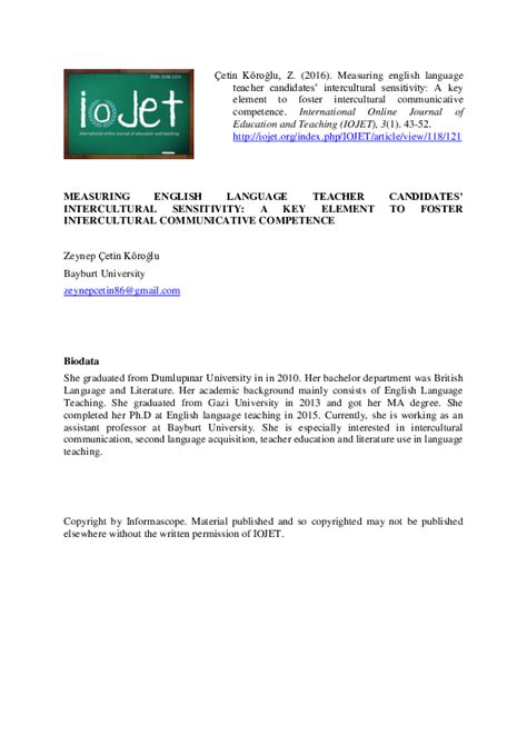 Pdf Measuring English Language Teacher Candidates Intercultural