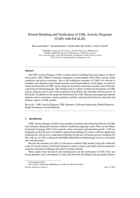 Pdf Formal Modeling And Verification Of Uml Activity Diagrams Uad