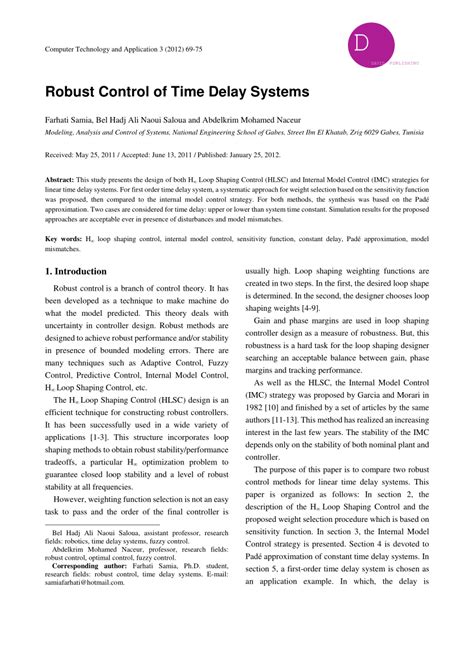Pdf Robust Control Of Time Delay Systems