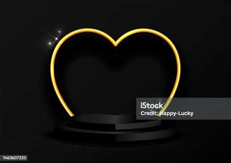 심장 연단과 심장 황금 금속 모양이 있는 검은색 배경 제품 플랫폼 광고 쇼 수상 및 디스플레이를 위한 무대 받침대 벡터 그림입니다 0명에 대한 스톡 벡터 아트 및 기타
