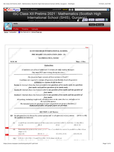 Isc Class Xii Prelims 2021 Mathematics Scottish High International School Shis Gurgaon