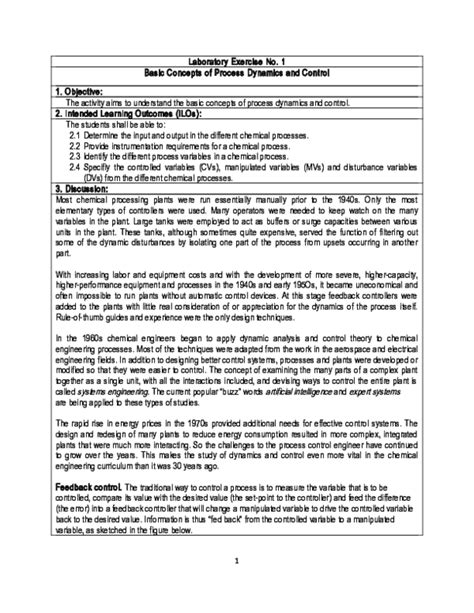 Doc Laboratory Exercise No 1 Basic Concepts Of Process Dynamics And Control 1