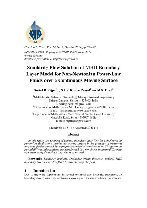 Pdf Similarity Flow Solution Of Mhd Boundary Layer Model For Non