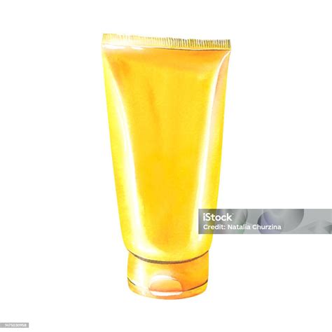 자외선 차단제용 튜브 노란색 수채화 그림입니다 Beach Holiday 컬렉션에서 흰색 배경에 격리된 개체 여름의 등록 및 디자인 모든 화장품 광고 프리젠 테이션 샴푸에