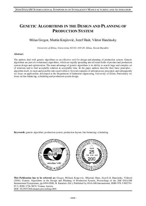 Pdf Genetic Algorithms In The Design And Planning Of Production System Milan Gregor