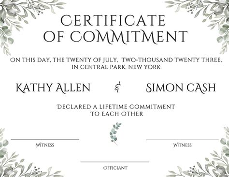 Greenery Certificate Of Commitment Template Editable Commitment Certificate Printable Marriage