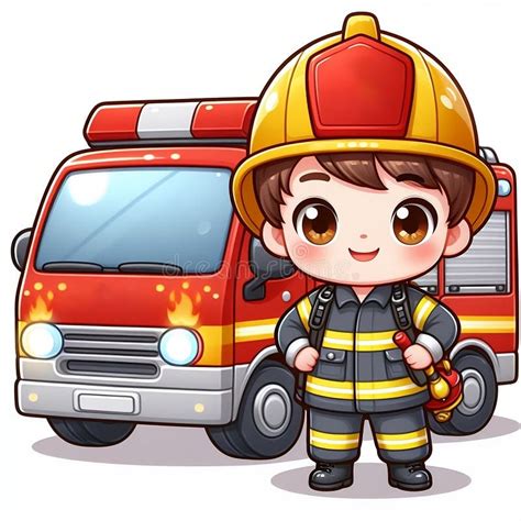 Cute Firefighter Boy With Fire Engine On White Background Stock