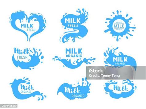 우유가 흐른다 로고 세트 우유 스플래쉬 만화 라벨 암소 또는 염소 유제품 스플래시 방울 레터링 플랫 벡터 일러스트 레이 션 세트 밀키 스플래쉬 로고 컬렉션 개념에 대한 스톡