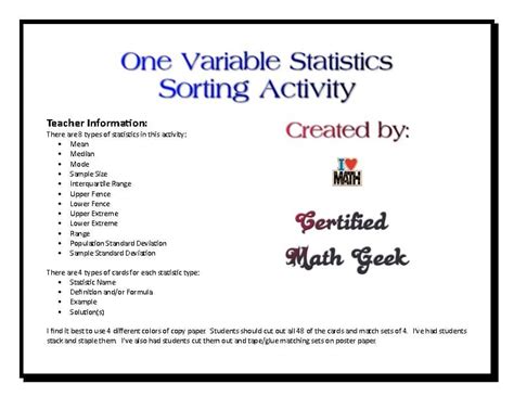 One Variable Statistics Sorting Activity By Certified Math Geek Tpt