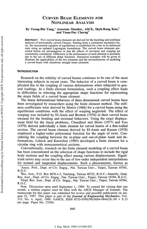 Pdf Curved Beam Elements For Nonlinear Analysis