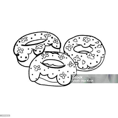 아이싱 윤곽선 벡터가있는 도넛 흰색 배경에 고립되어 있습니다 손으로 그린 블랙 라인 디저트 일러스트레이션 달콤한 음식 벽지 포장 인쇄를위한 디자인 개체 그룹에 대한 스톡