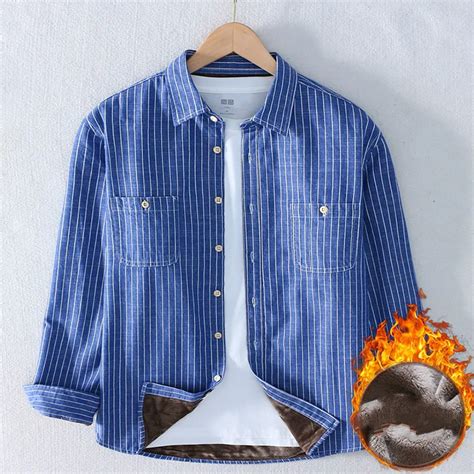 2020 겨울 남성 캐주얼 데님 스트라이프 셔츠 100 면 두껍고 따뜻한 긴 소매 상의 남성 셔츠 신제품 남성 셔츠
