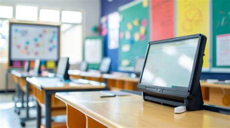 A Modern Classroom With Desks Computers And Colorful Walls Stock