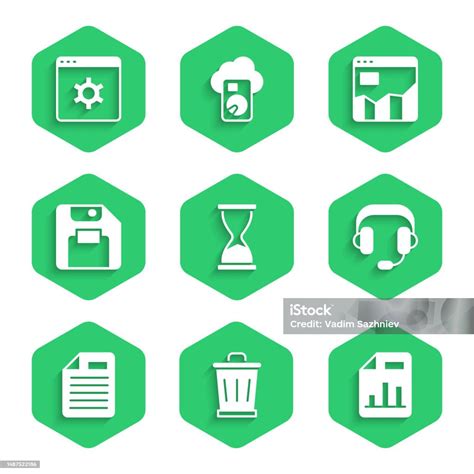 오래된 모래 시계 휴지통 그래프 차트가있는 문서 헤드폰 파일 문서 플로피 디스크 그래프 인포 그래픽 및 브라우저 설정 아이콘을 설정합니다 벡터 그래프에 대한 스톡 벡터 아트