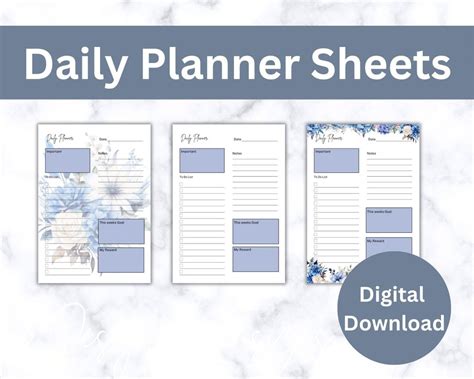 Daily Floral Planner Sheet Printable Daily Blue Floral Daily Planner