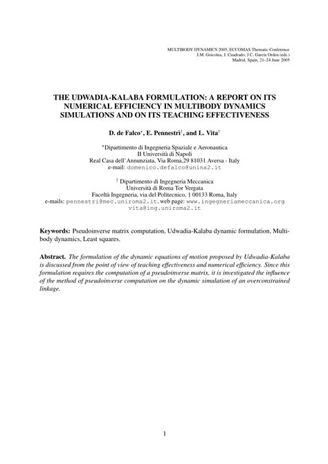 Pdf The Udwadia Kalaba Formulation A Report On Its Numerical Efficiency In Multibody Dynamics