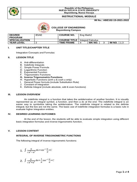 Eng Math 2 Module 1 3 Integral Of Inverse Trigonometric Function