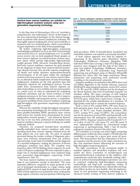 Pdf Archival Bone Marrow Trephines Are Suitable For High Throughput Mutation Analysis Using