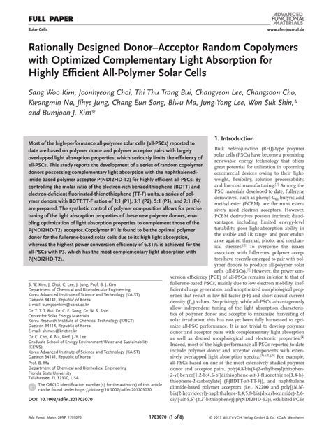 Pdf Solar Cells Rationally Designed Donoracceptor Random Copolymers With Optimized