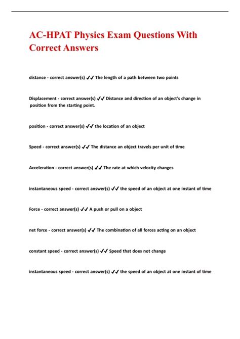 Ac Hpat Physics Exam Questions With Correct Answers Ac Hpat