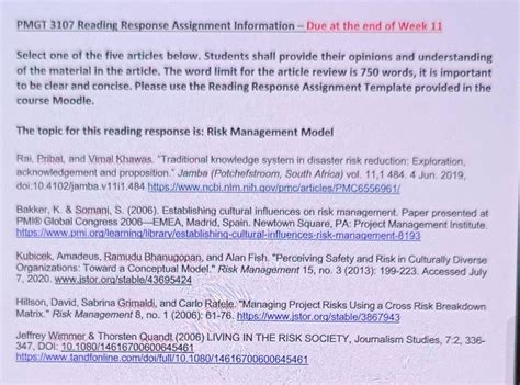 Pmgt 3107 Reading Response Assignment Information