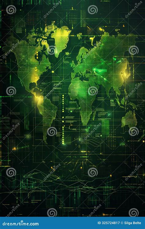 Futuristic Digital World Map With Glowing Green Data Points And Copy Space Digital Technology
