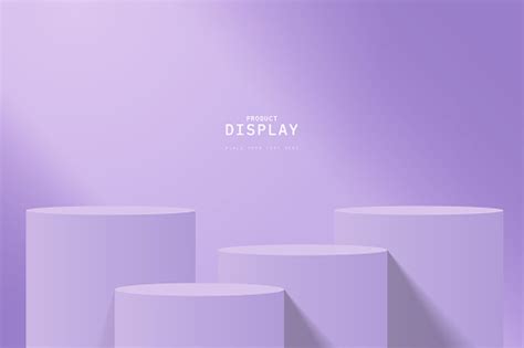 추상적인 사실적인 보라색 실린더 연단 또는 제품 전시를 위한 스탠드 모형 템플릿을 위한 최소한의 벽 장면에서 3d 벡터 렌더링 제품 발표 또는 판촉의 날을 위한 무대 0명에
