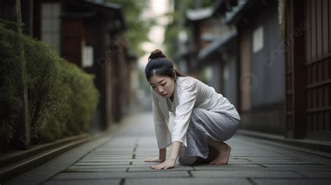 Photographing Asian Women Crouching In An Alley Background A Woman Who Bends Forward With Her