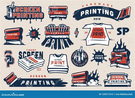 Vintage Colorful Screen Printing Elements Set Stock Vector