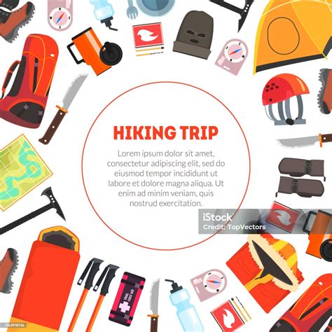 하이킹 여행 배너 템플릿 텍스트 및 탐험 장비 패턴 캠핑 및 등산 액세서리 벡터 일러스트 레이 션에 대 한 장소 관광에 대한 스톡 벡터 아트 및 기타 이미지 Istock