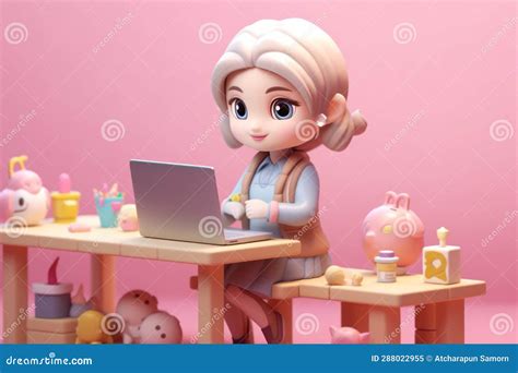 A Business Girl Working With Laptop On Desk 3d Tiny Cute Isometric Generative Ai Stock