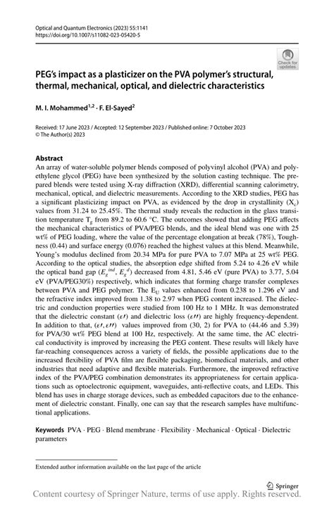 Pdf Pegs Impact As A Plasticizer On The Pva Polymers Structural