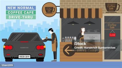 전염병 후 새로운 정상 비즈니스 모델 소비자는 행동을 바꿉니다 커피숍이 가깝습니다 드라이브 스루 서비스를 위해 커피 카페 키오스크로 변경합니다 고정 비용을 절감하고 마케팅