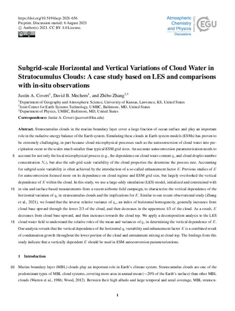 Pdf Subgrid Scale Horizontal And Vertical Variations Of Cloud Water In Stratocumulus Clouds A