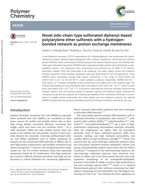 Pdf Novel Side Chain Type Sulfonated Diphenyl Based Polyarylene