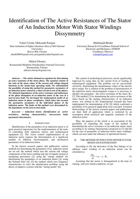 Pdf Identification Of The Active Resistances Of The Stator Of An Induction Motor With Stator