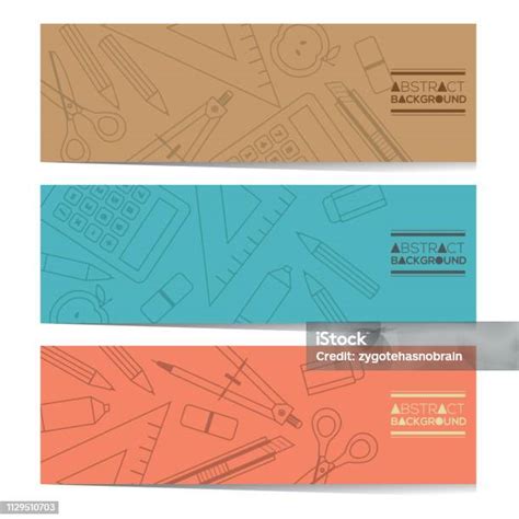 교육 학 용품 줄 아이콘 물건 3 가로 배너 설정된 벡터 일러스트 레이 션 0명에 대한 스톡 벡터 아트 및 기타 이미지 0명 갈색 개념 Istock