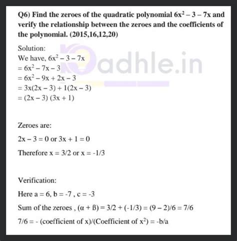 Q Find The Zeroes Of The Quadratic Polynomial X X And Verify