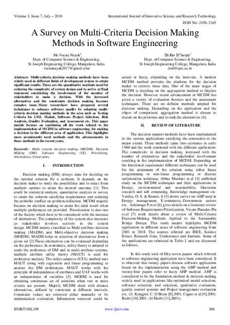 Pdf A Survey On Multi Criteria Decision Making Methods In Software Engineering