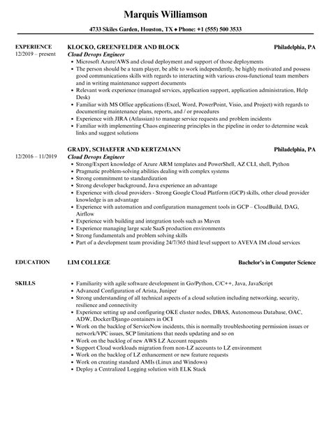 Cloud Devops Engineer Resume Samples Velvet Jobs