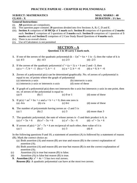 Polynomials Practice Paper 02 1 Pdf