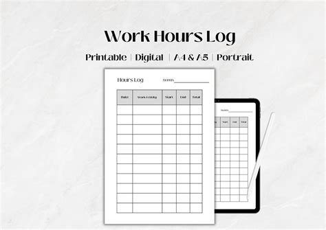 Work Hours Log Printable Hours Tracker Work Hours Timetable Activity