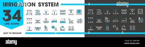 Drip Water Irrigation System Line Icons Of Garden And Farm Field
