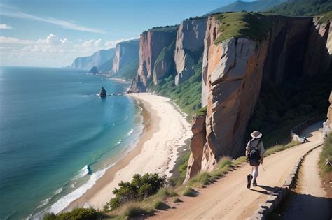 Premium Ai Image A Man Walks Down A Steep Path On A Beach With A