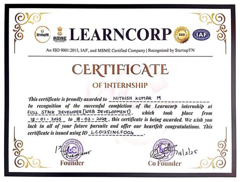 Fullstackdeveloper Webdevelopment Internship Learncorp Growth Nithish Kumar M
