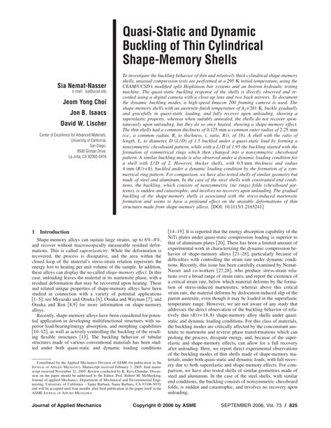 Pdf Quasi Static And Dynamic Buckling Of Thin Cylindrical Shape Memory Shells