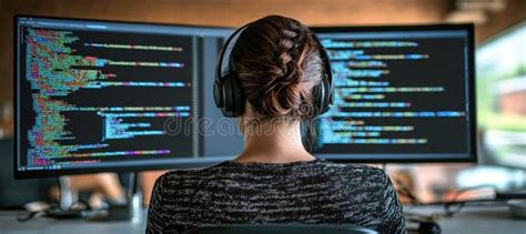 Female Software Developer Immersed In Code On Dual Monitors Building