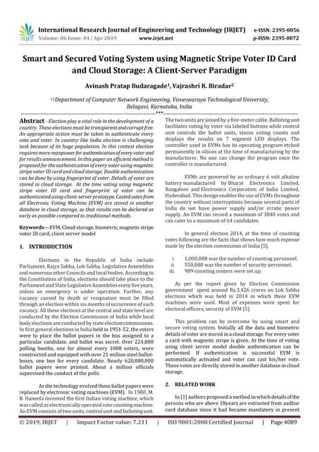 Irjet Smart And Secured Voting System Using Magnetic Stripe Voter Id Card And Cloud Storage A